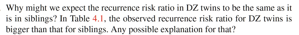 SOLVED: Why might we expect the recurrence risk ratio in DZ twins to be ...