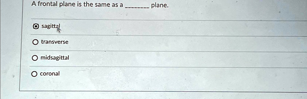 A frontal plane is the same as a plane. sagittal transverse midsagittal ...