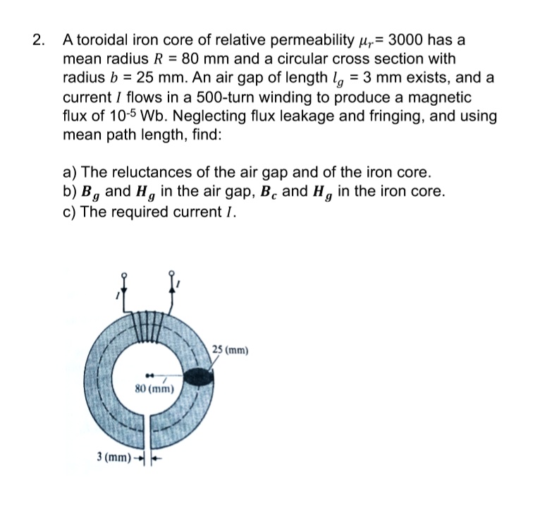 2. A toroidal iron core of relative permeability = 3000 has a mean ...