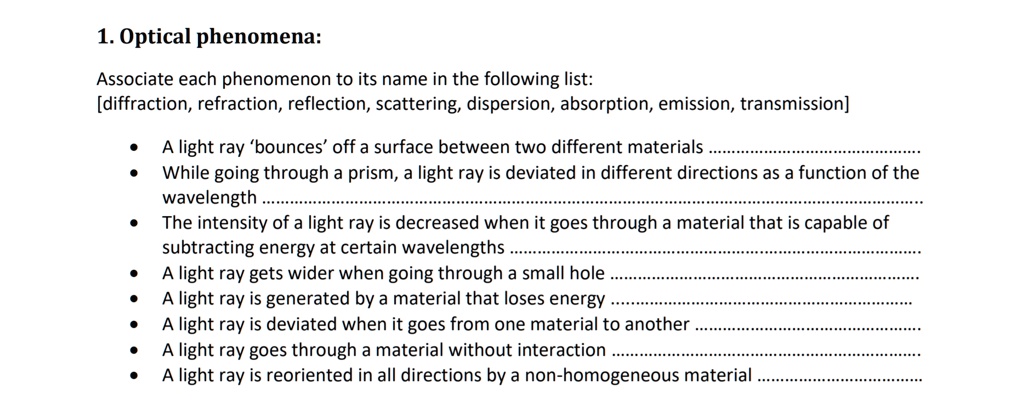 1. Optical phenomena: Associate each phenomenon to its name...