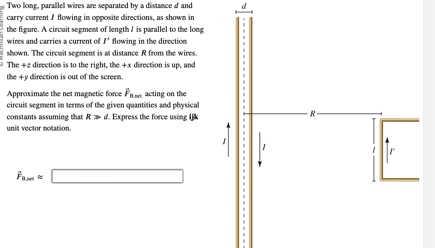Two long, parallel wires are separated by a distance d and carry ...