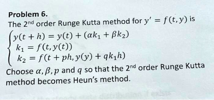 SOLVED: Problem 6 The 2nd order Runge Kutta method fory" = f(t,y) is y ...
