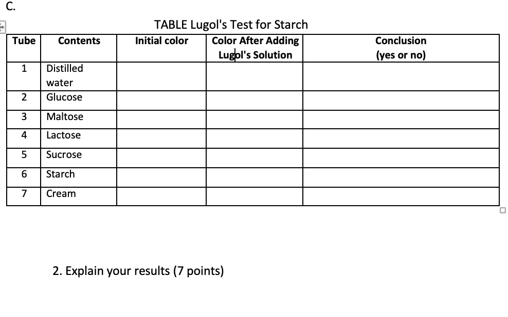 SOLVED: TABLE: Lugol's Test for Starch Initial color Color After Adding ...