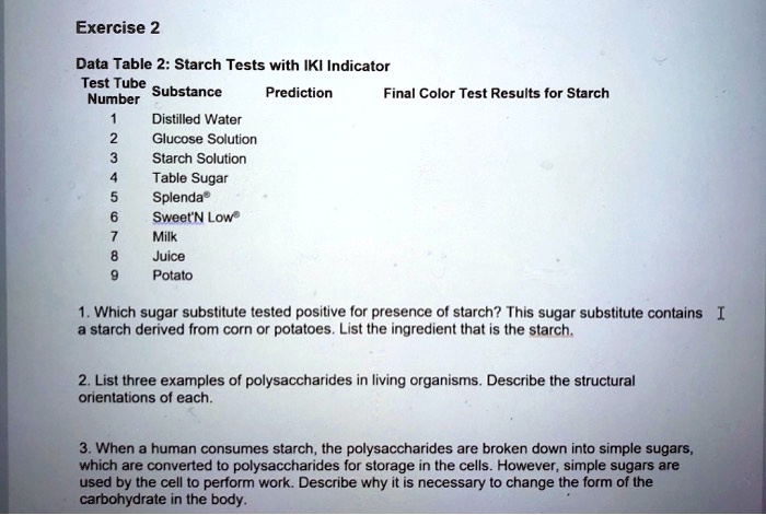 exercise 2 data table 2 starch tests with iki indicator test tube ...