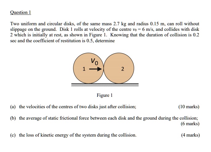 SOLVED: Two uniform and circular disks, of the same mass 2.7 kg and radius 0.15 m, can roll ...
