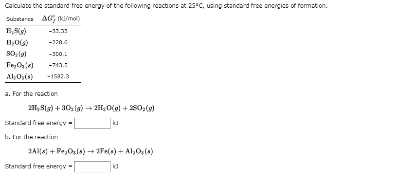 calculate the standard free energy of the following reactions at 25c using standard free ...