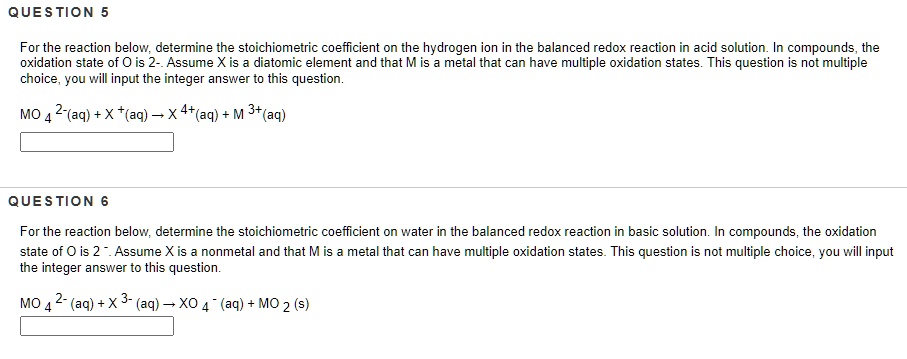 SOLVED: QUESTION 5 For the reaction below, determine the stoichiometric ...
