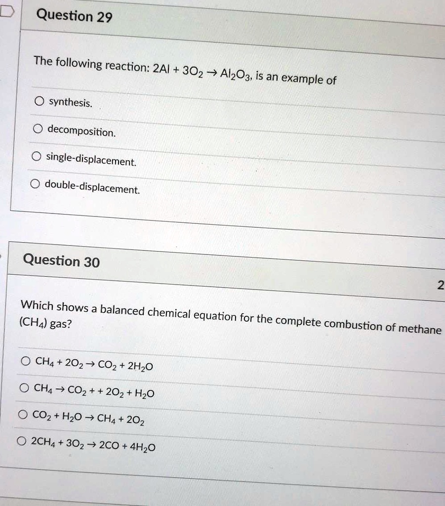 SOLVED:Question 29 The following reaction: 2AI + 302 ` 4 AlzO3, is an ...