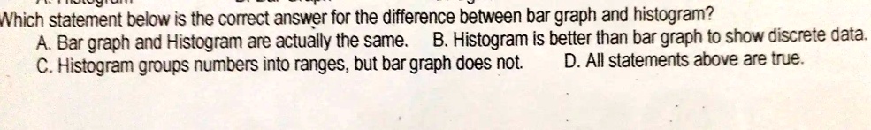 SOLVED: Which statement below is the correct answer for the difference between a bar graph and a ...