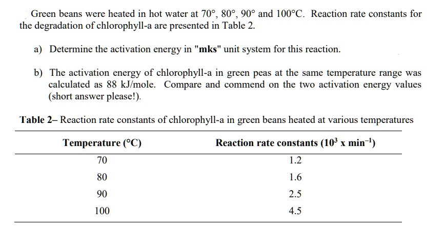 SOLVED: Green beans were heated in hot water at 70, 80, 90 and 100C ...