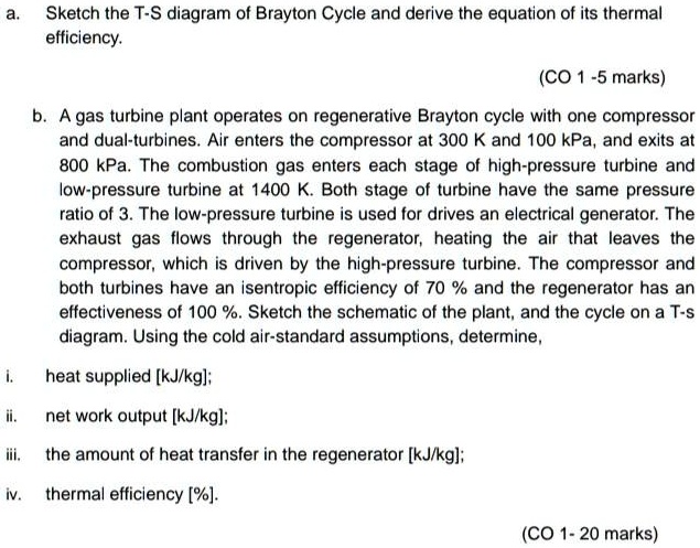 SOLVED: Sketch the T-S diagram of the Brayton Cycle and derive the equation for its thermal ...