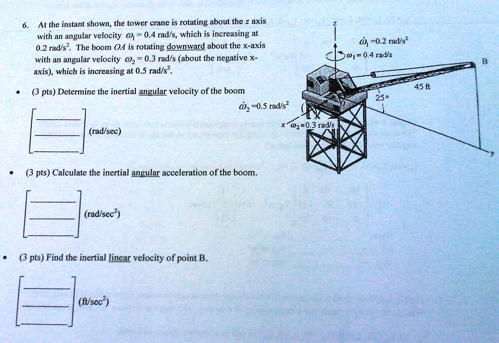 SOLVED: At the instant shown, the tower crane is rotating about the z ...