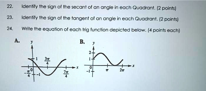 SOLVED: 22 Identify the sign of the secant of an angle in each Quadrant. 2 points) 23. Identify ...