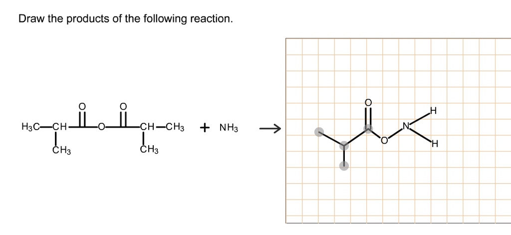 Draw the products of the following reaction. H3C-CH(CH3)-C(=O)-O-C(=O)-CH(CH3) + NH3