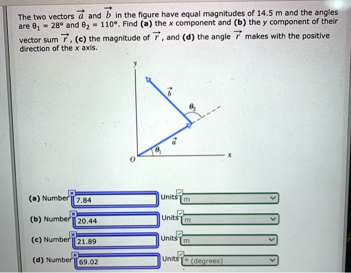 SOLVED: The two vectors A and B in the figure have equal magnitudes of 14.5 m and the angles are ...