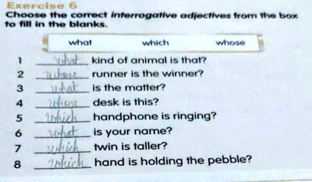 SOLVED: Texts: ¿Cuál es la solución? Exercise 6: Choose the correct interrogative adjectives ...