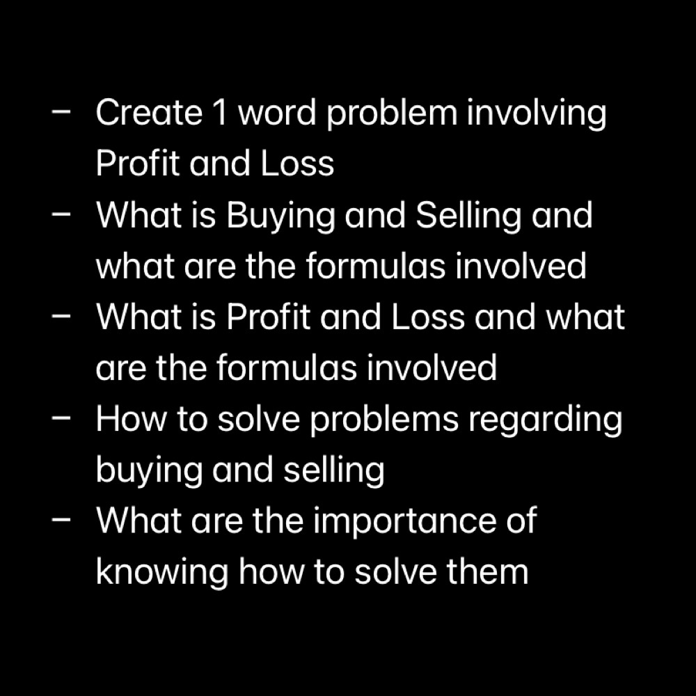 - Create 1 word problem involving Profit and Loss - What is Buying and ...