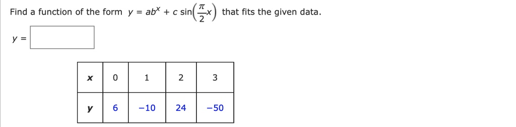 SOLVED: Find a function of the form y = ab* + c sin( that fits the given data X 0 1 2 3 6 -10 24 -50