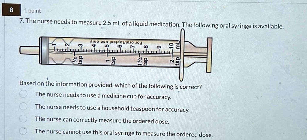 SOLVED: The nurse needs to use a medicine cup for accuracy. The nurse ...