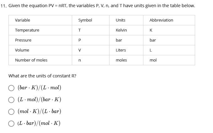 SOLVED: Given the equation PV = nRT, the variables P, V, n, and T have ...