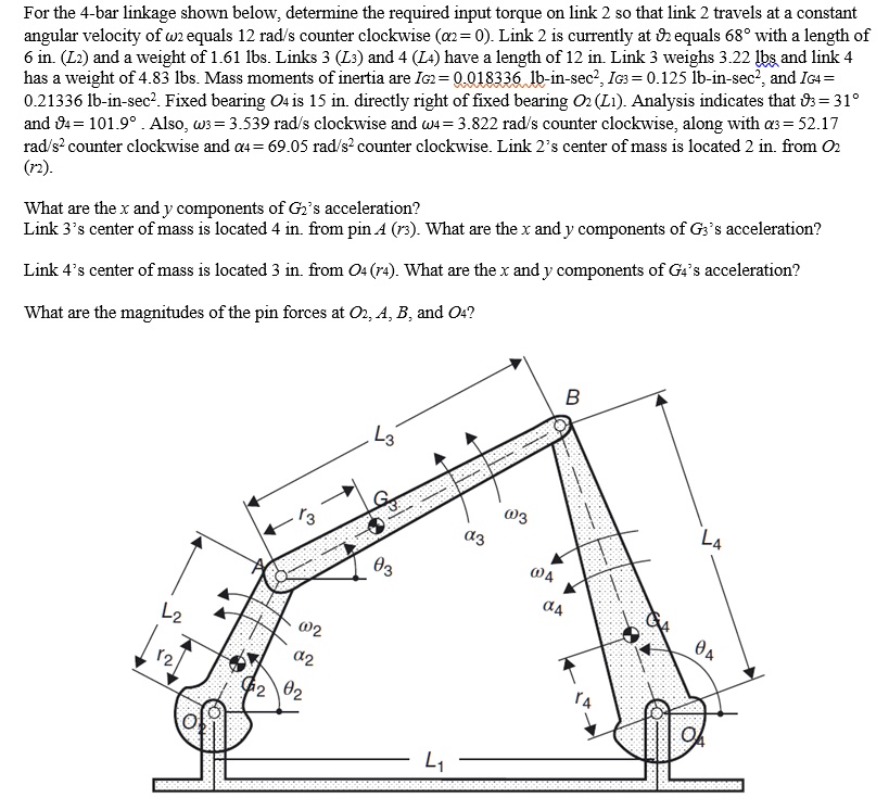 for the 4 bar linkage shown below determine the required input torque on link 2 so that link 2 ...