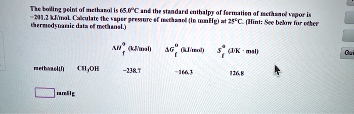SOLVED: The boiling point of methanol is 65.0Â°C and the standard ...