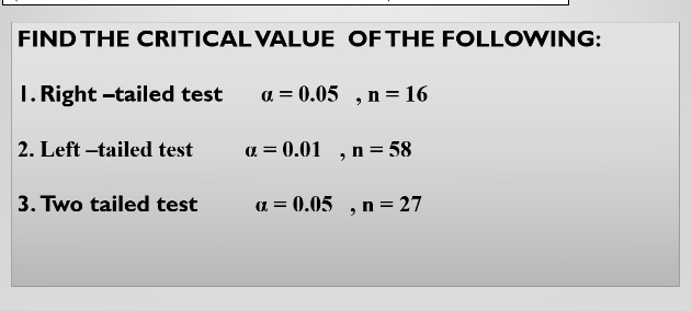 SOLVED: FIND THE CRITICAL VALUE OF THE FOLLOWING: Right -tailed test 0 ...