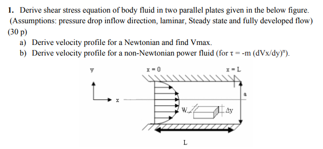 1. Derive shear stress equation of body fluid in two parallel plates ...