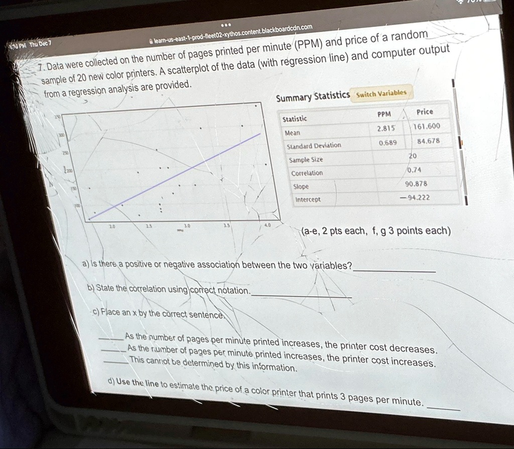 SOLVED: Data were collected on the number of pages printed per minute (PPM) and price of a ...