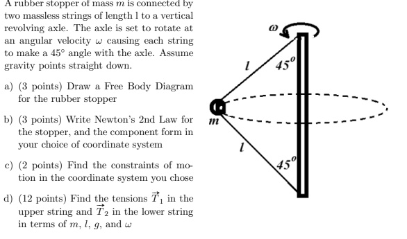 SOLVED: A rubber stopper of mass m is connected by two massless strings of length l to a ...