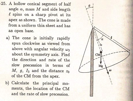 SOLVED: 25.A hollow conical segment of half angle a,mass M and side ...