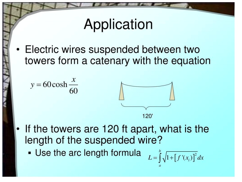 SOLVED: Electric wires suspended between two towers form a catenary ...