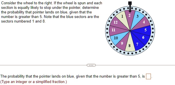 SOLVED: Consider the wheel to the right. If the wheel is spun and each section is equally likely ...