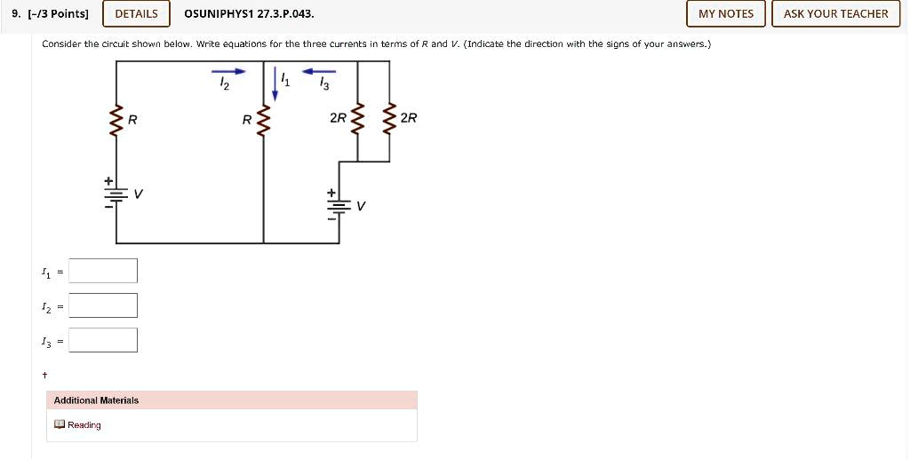 SOLVED: OSUNIPHYS127.3.P.043. Consider the circuit shown below. Write equations for the three ...