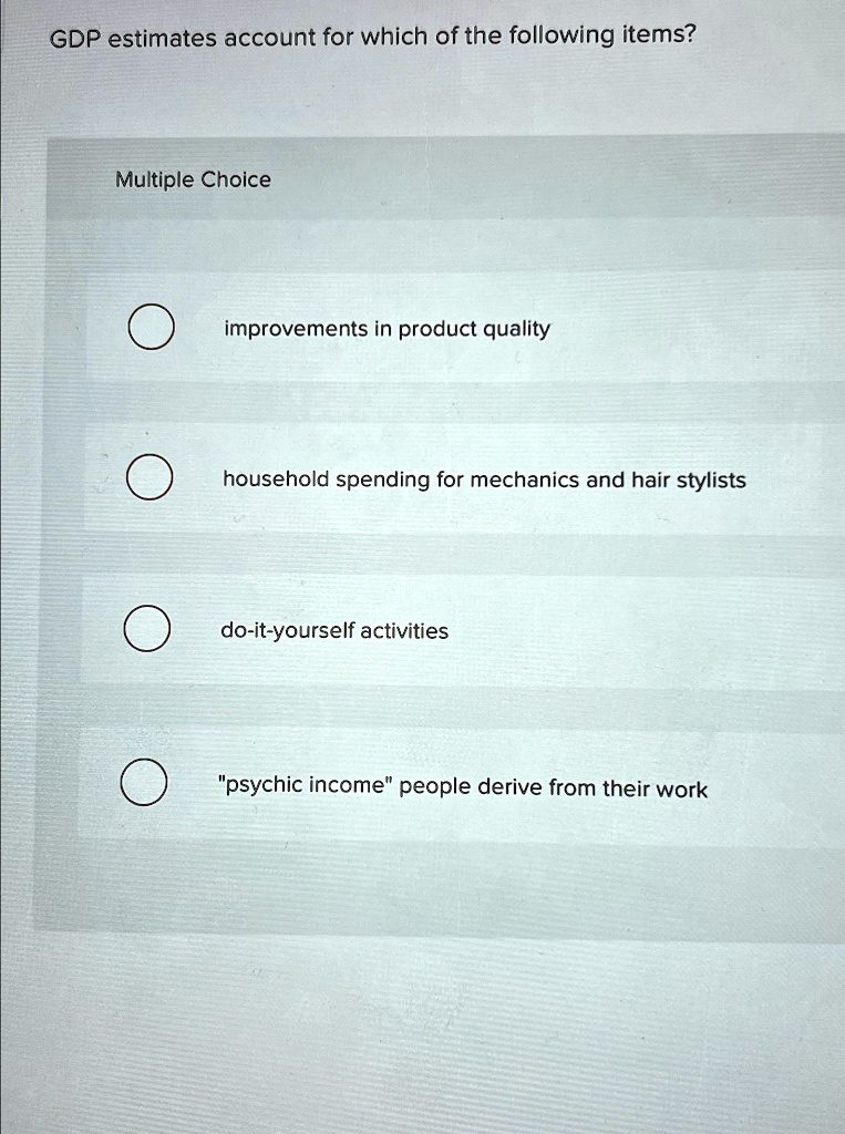 GDP estimates account for which of the following items? Multiple Choice ...