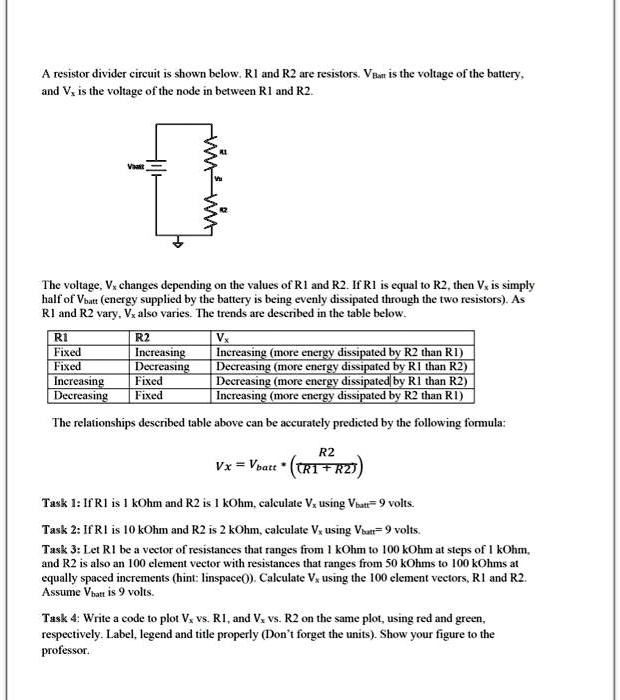 A resistor divider circuit is shown below. R1 and R2 are resistors. Vbatt is the voltage of the ...