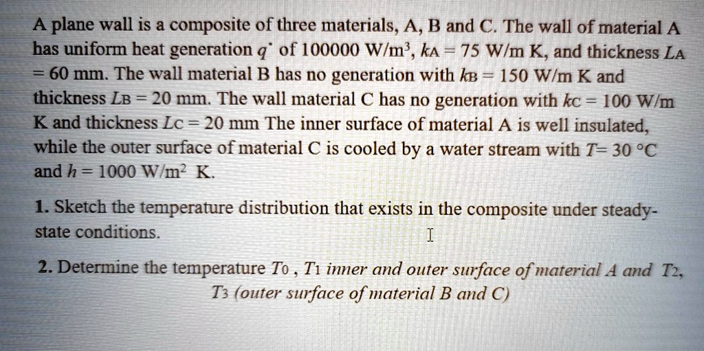 SOLVED: A plane wall is a composite of three materials, A, B, and C. The wall of material A has ...