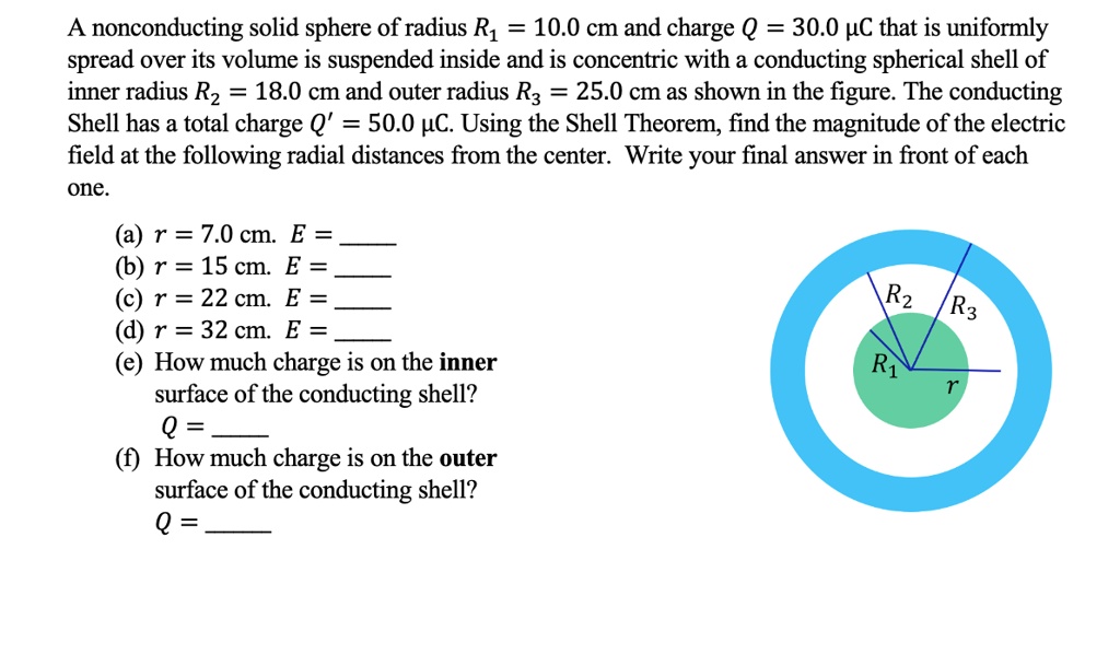 SOLVED: A nonconducting solid sphere of radius R = 10.0 cm and charge Q = 30.0 C that is ...