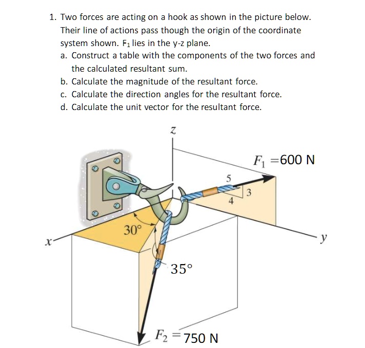 SOLVED: 1. Two forces are acting on a hook as shown in the picture below. Their line of actions ...
