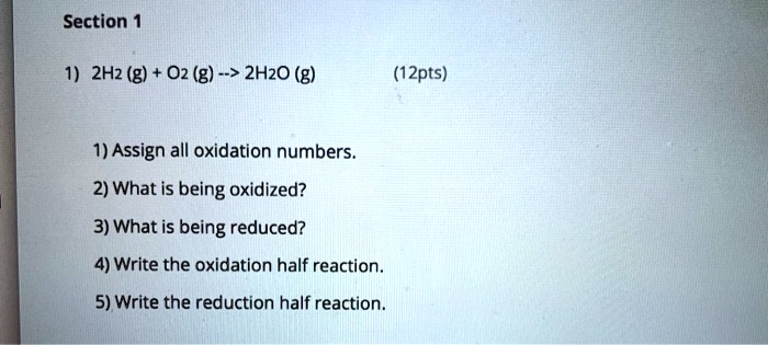 section 1 2h2 g 02 g 2h2o g 12pts 1 assign all oxidation numbers 2 what ...