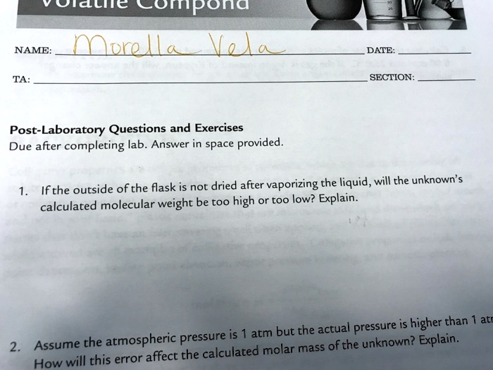 SOLVED: VUelne Compona NAME: DATE: TA: SECTION: Post-Laboratory Questions and Exercises Due ...