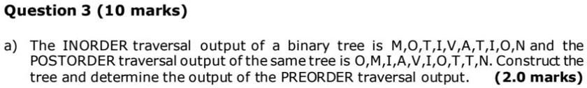 Question 3 10 Marks A The Inorder Traversal Output Of A Binary Tree Is M O T I V A T I