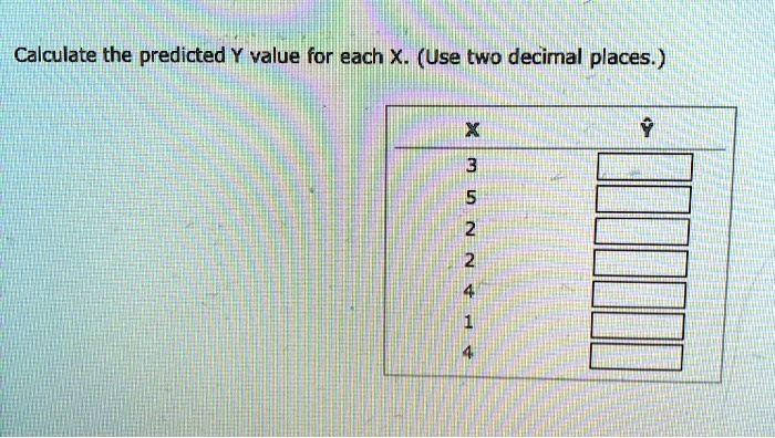 SOLVED: Calculate the predicted Y value for each X (Use two decimal places: 4