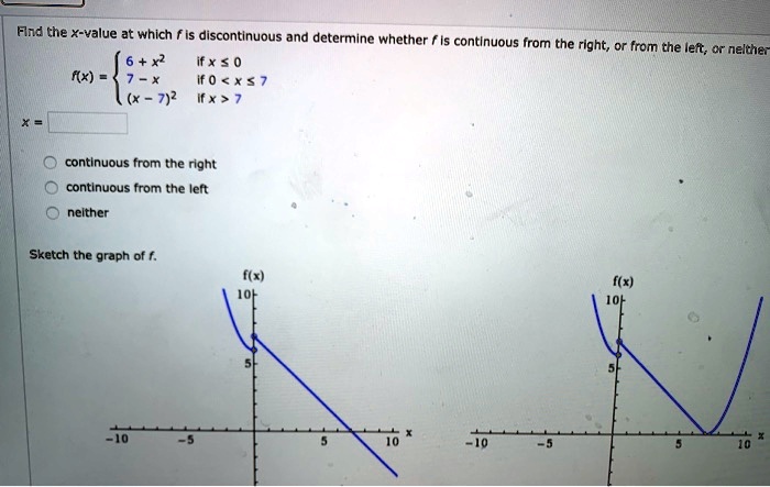 SOLVED: Find the x-value at which f is discontinuous and determine whether f is continuous from ...