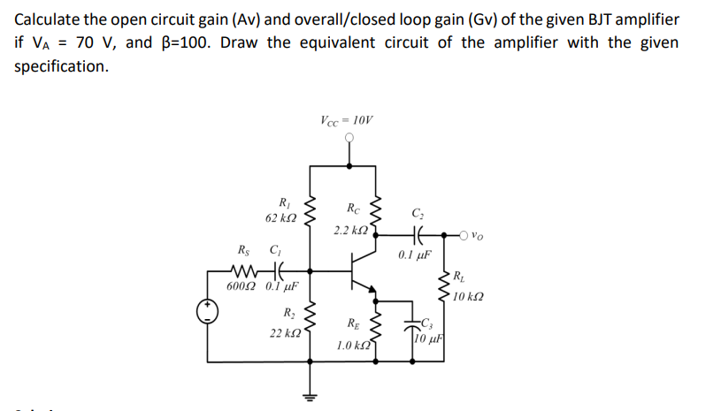 Calculate the open circuit gain (Av) and overall/closed loop gain (Gv) of the given BJT ...