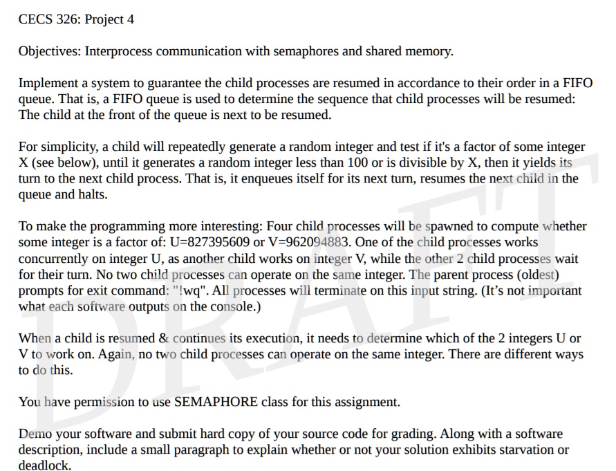 SOLVED: CECS 326: Project 4 Objectives: Interprocess communication with semaphores and shared ...