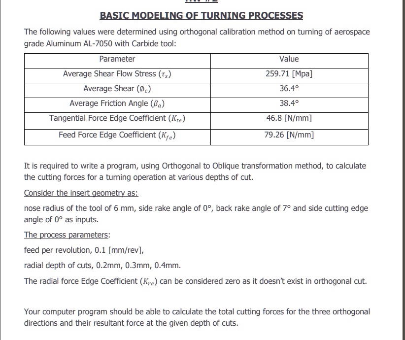 SOLVED: BASIC MODELING OF TURNING PROCESSES The following values were ...