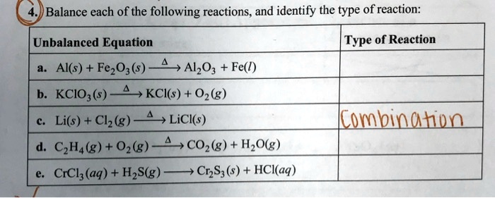 4. Balance each of the following reactions, and identify the type of ...