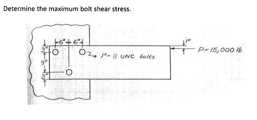 Determine the maximum bolt shear stress. 3" 9" 3" 6" 6" 1"-8 UNC bolts ...