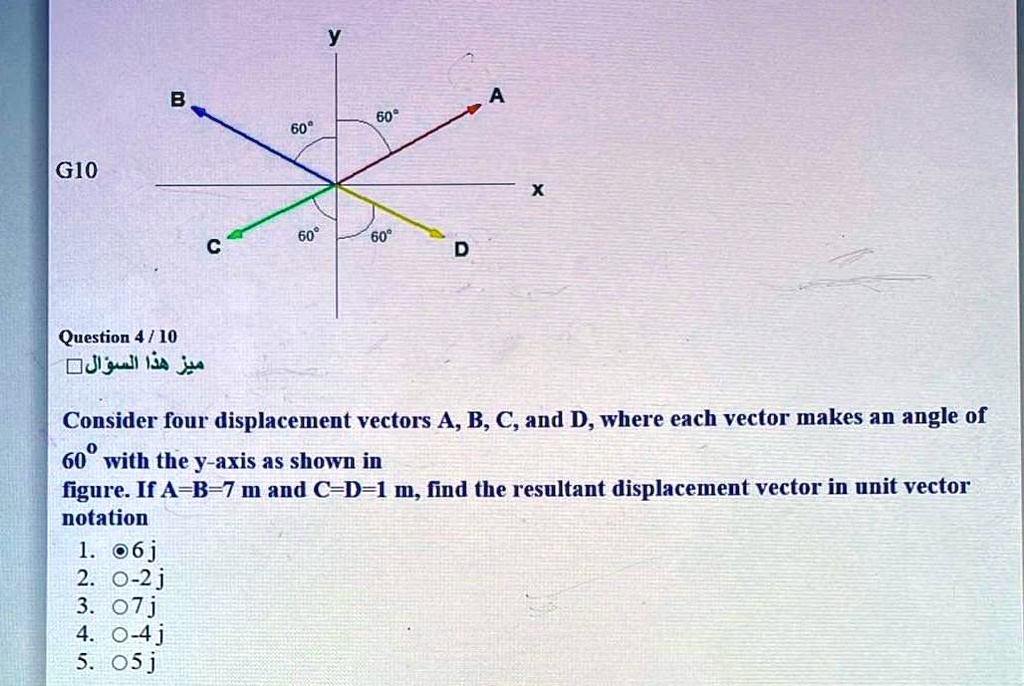 G10 y B A 60° 60° Question 4 / 10 ??? ??? ?????? 60° C 60° D X Consider four displacement ...